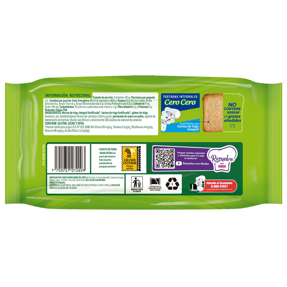 Tostadas Integrales Bimbo Cero Cero 140g - Metro.pe